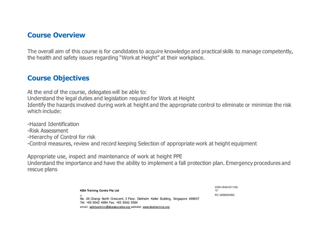 IOSH Working at Height Course Overview - KBA Training Centre | PPT