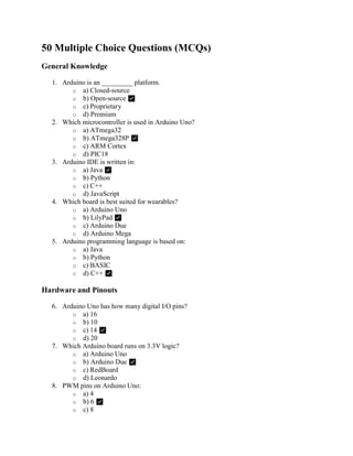 Arduino MCQ Collection: Types, Memory, Applications, and Real-World Uses | Tech Quiz Resource | PDF