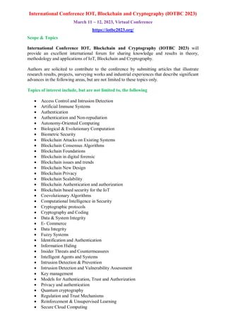 International Conference IOT, Blockchain and Cryptography (IOTBC 2023) | PDF | Internet | Computing