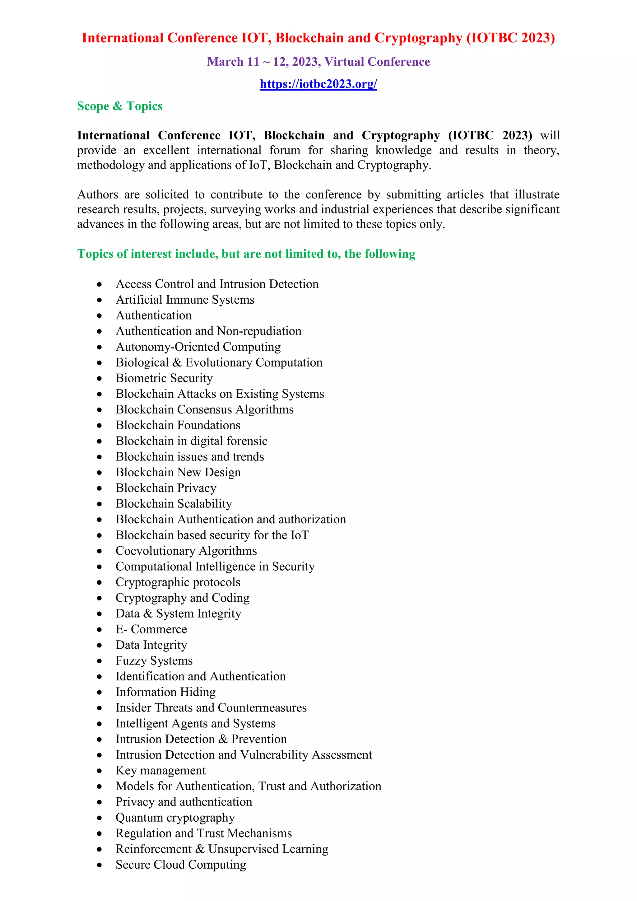 International Conference IOT, Blockchain and Cryptography (IOTBC 2023) | PDF