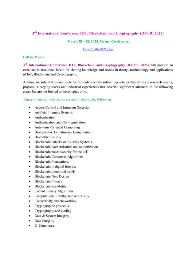 3rd International Conference IOT, Blockchain and Cryptography (IOTBC 2025) | PDF