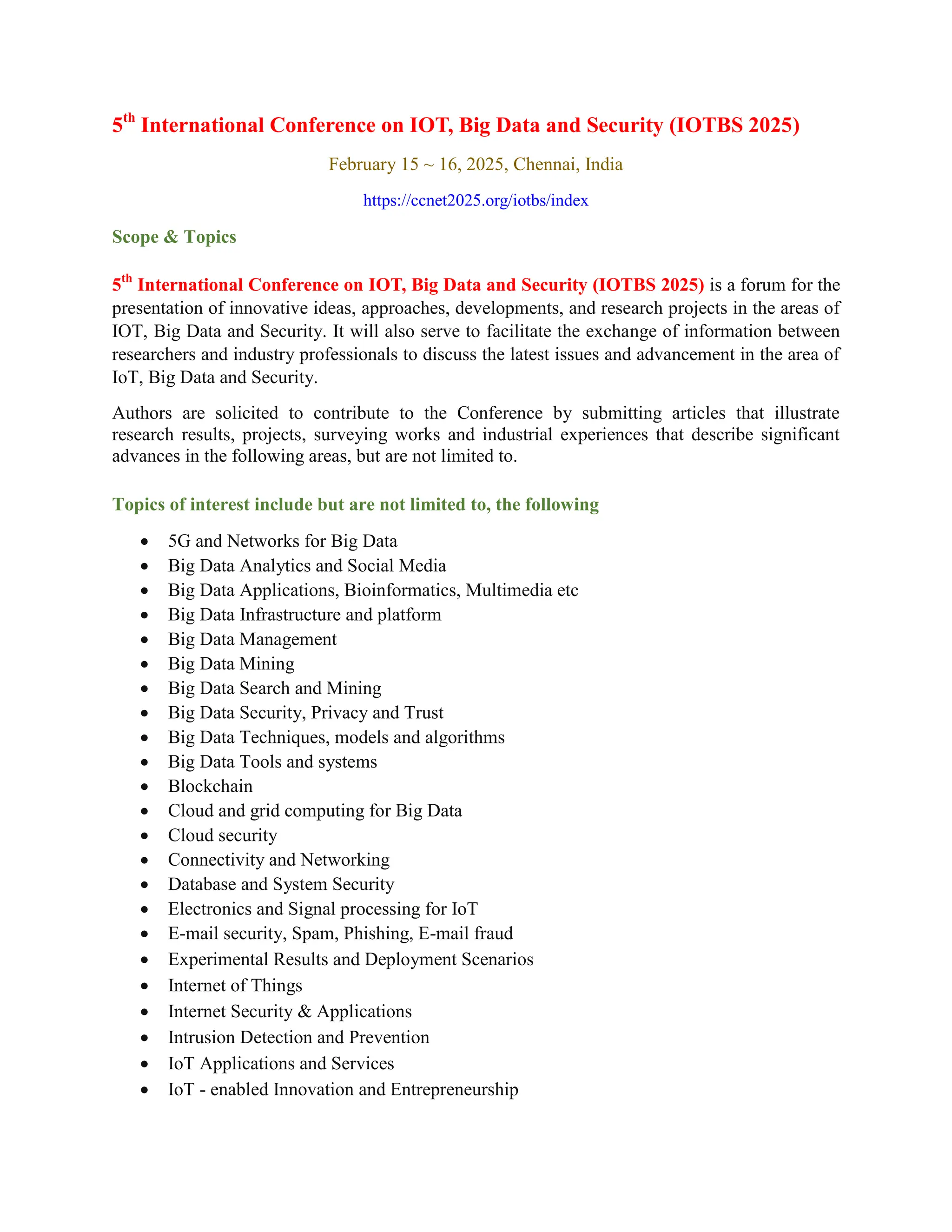 CFP: 5th International Conference on IOT, Big Data and Security (IOTBS 2025) | PDF