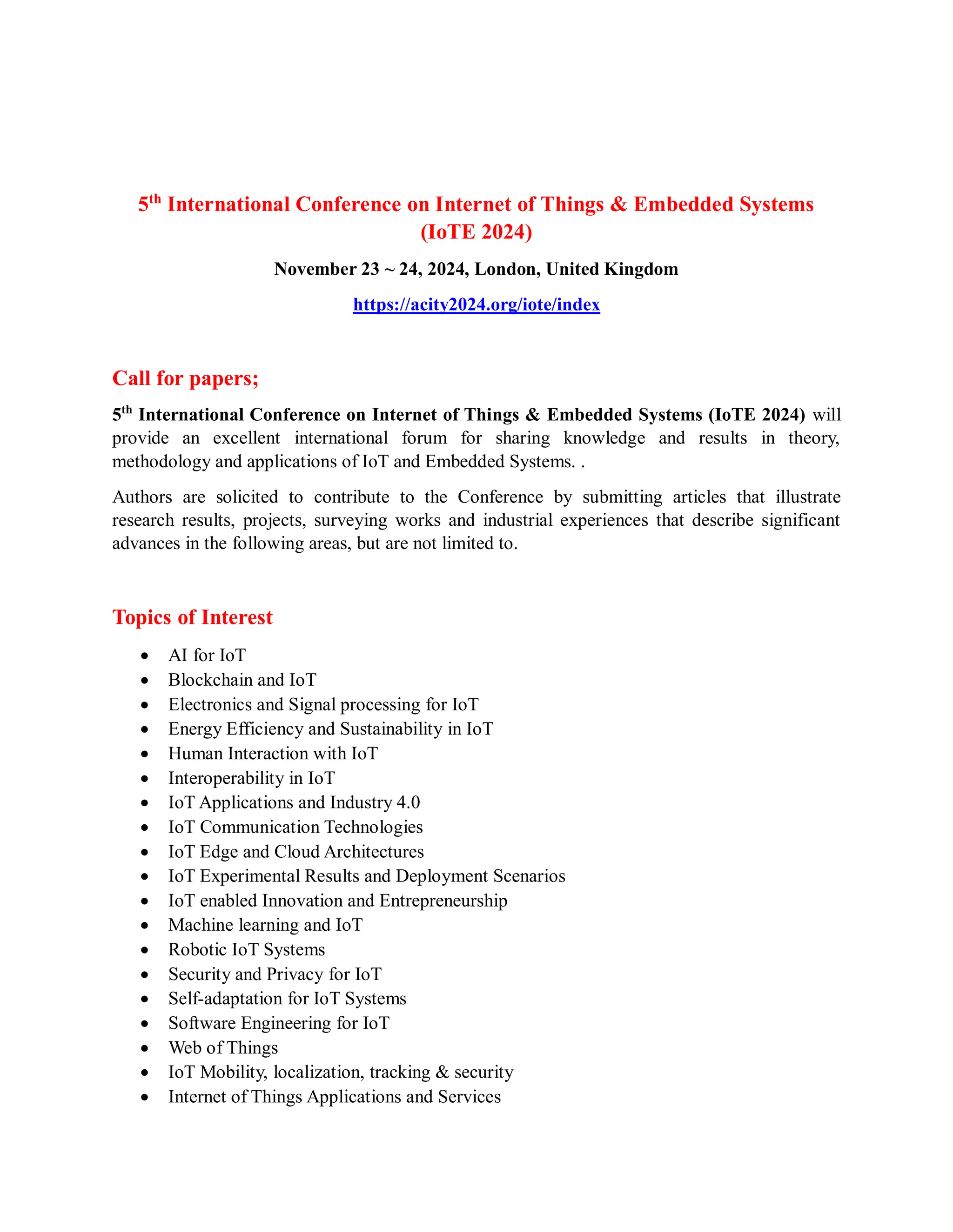 5th International Conference on Internet of Things & Embedded Systems ...
