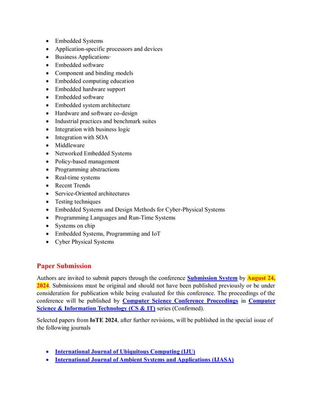 Call For Papers 5th International Conference On Internet Of Things And Embedded Systems Iote