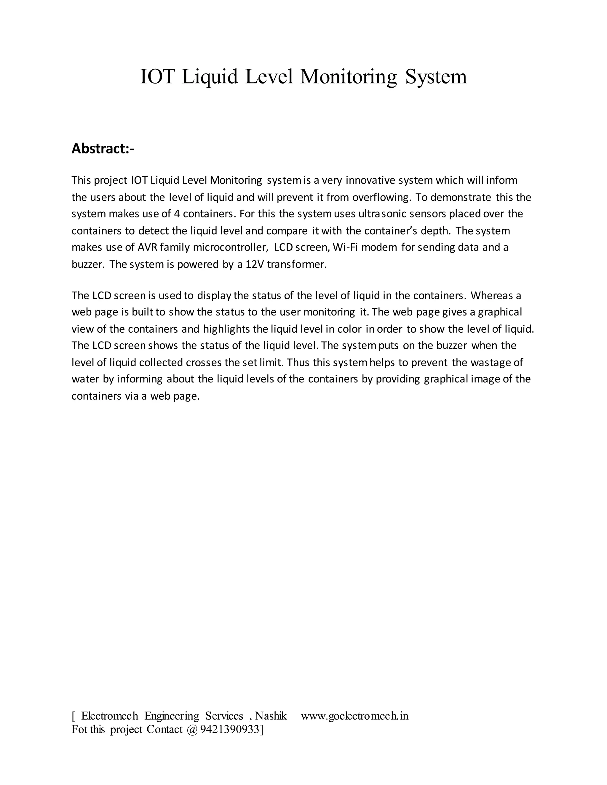 Iot liquid level monitoring system | DOCX