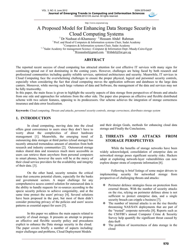 Proposed Model for Enhancing Data Storage Security in Cloud Computing Systems | PDF
