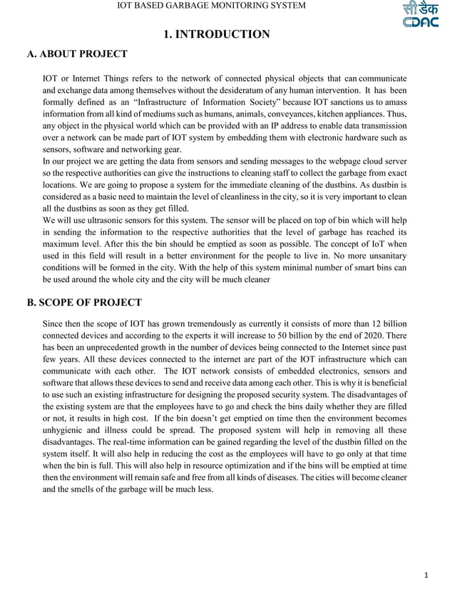 Project report on Iot Based Garbage Monitoring System | PDF