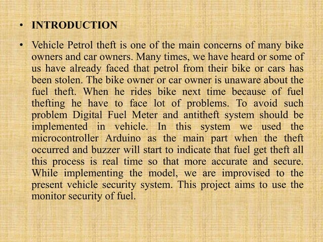 Iot Vehicle Fuel Theft Detection System Using Arduino Pptx Gasoline
