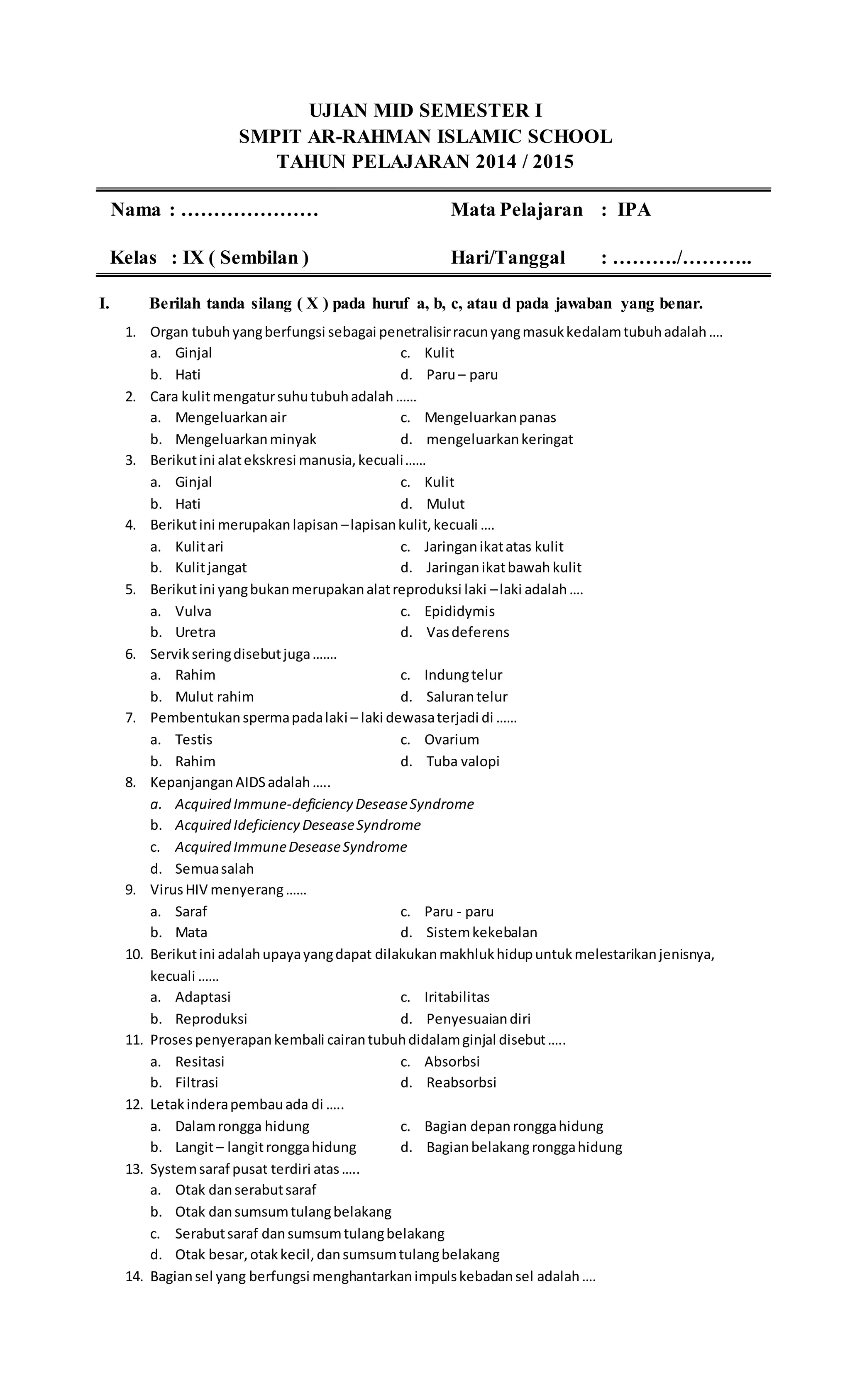 SOAL midsemester1 Ipa 9 | PDF