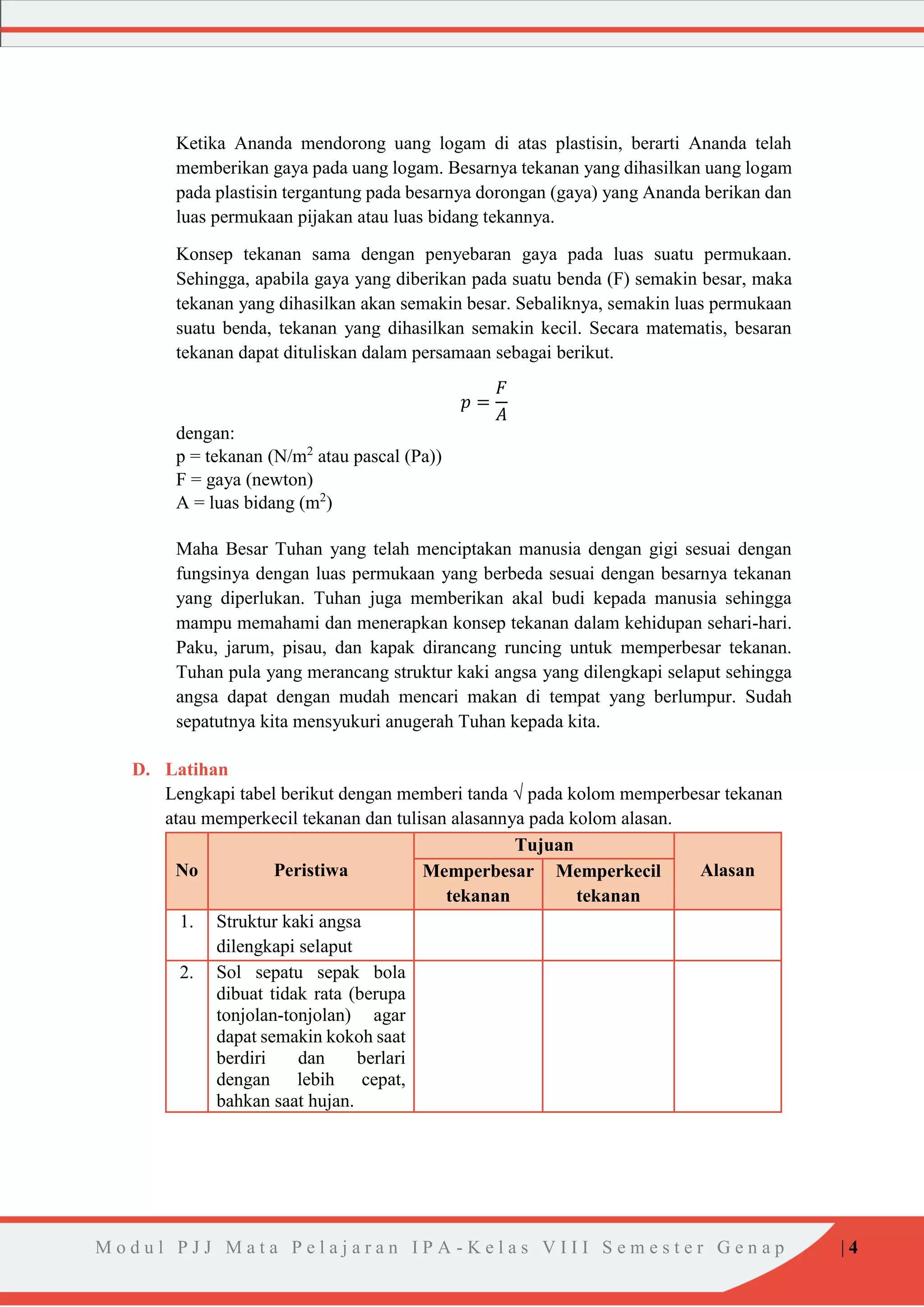 Ipa k8 s2 modul 1 pembelajaran 1- menyelidiki tekanan zat | PDF