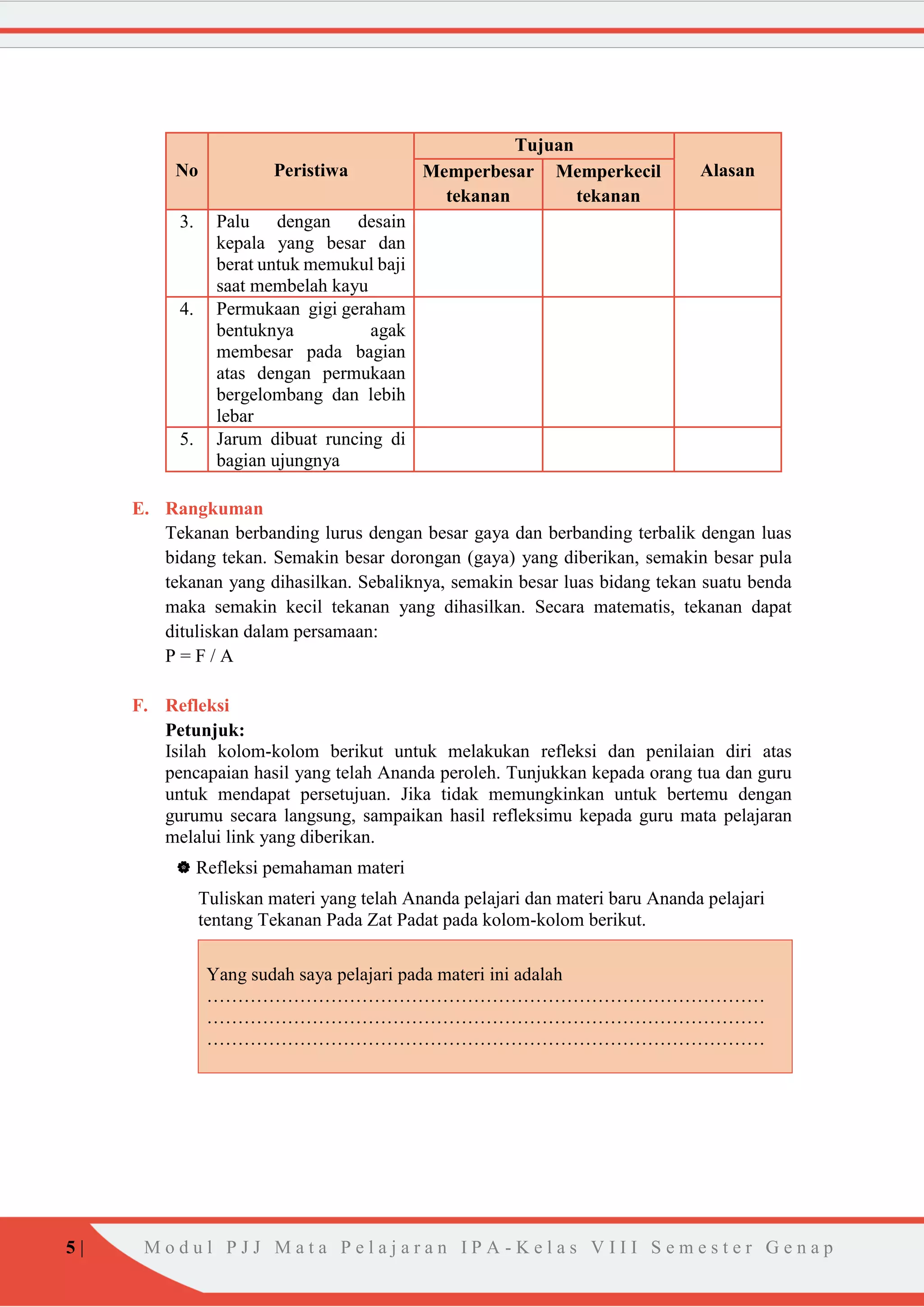 Ipa k8 s2 modul 1 pembelajaran 1- menyelidiki tekanan zat | PDF