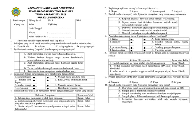 Soal sumatif Akhir Semester mata pelajaran IPAS | PDF