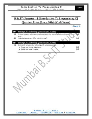 [Question Paper] Introduction To Programming C (Old Course) [April / 2014] | PDF