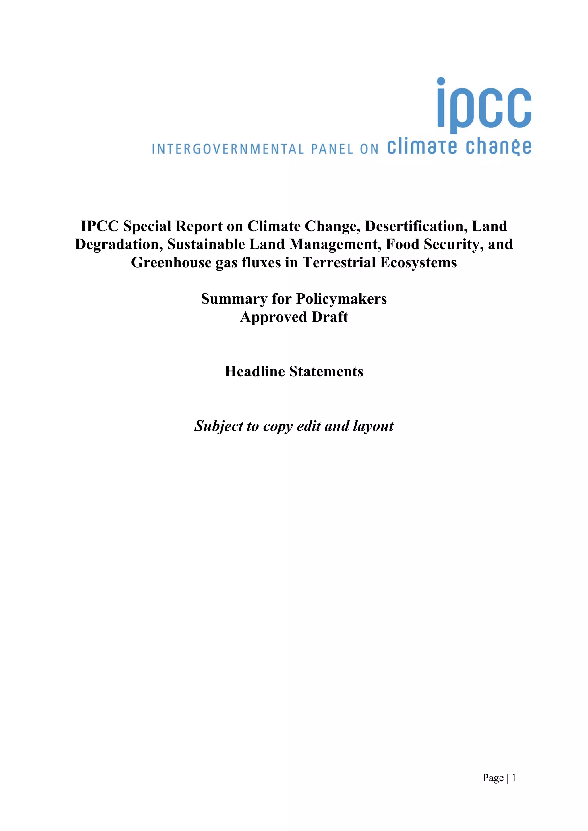 IPCC Report Climate Changes - Summary of headline statements | PDF