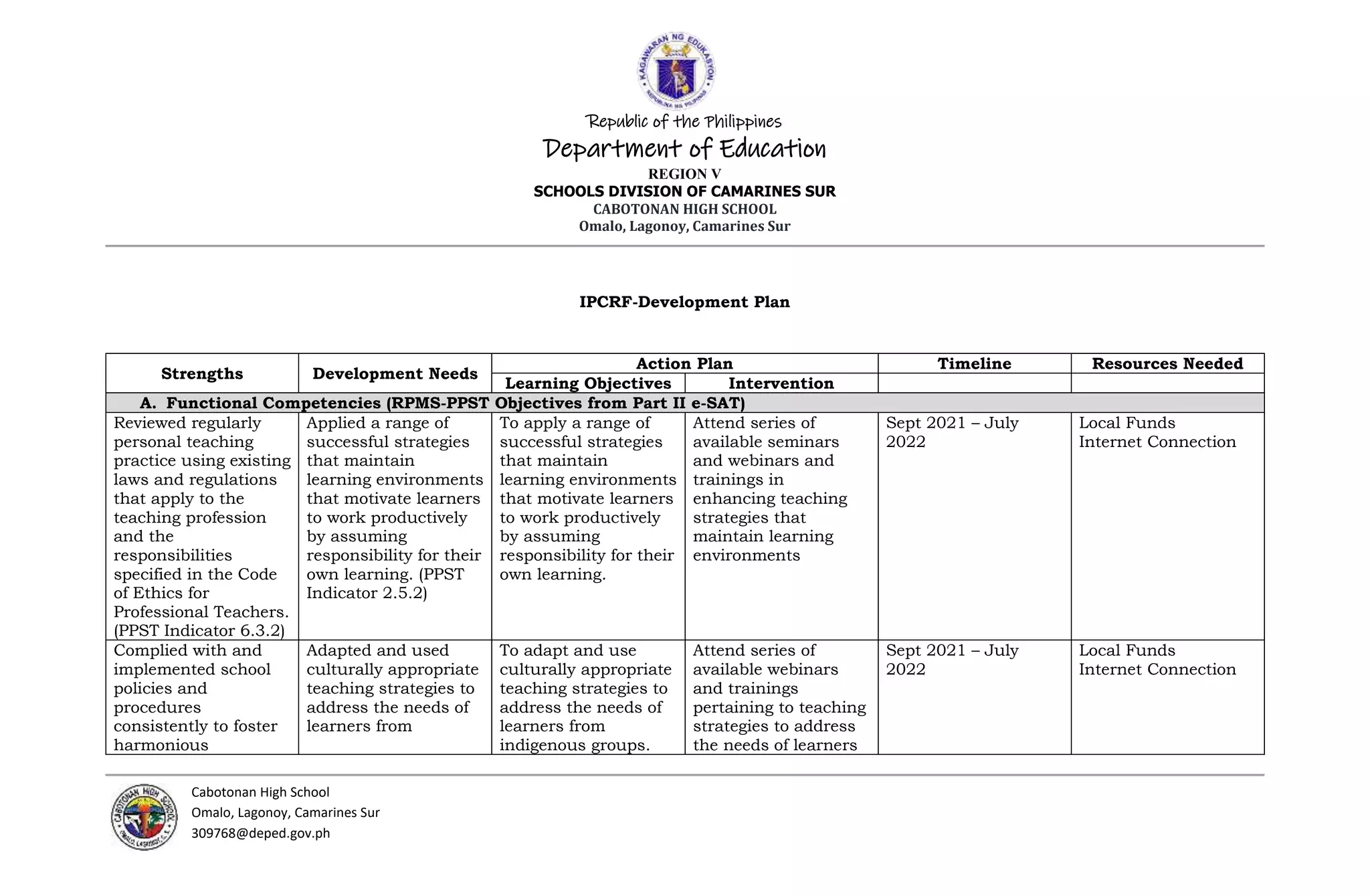 Ipcrf Development Plan Docx