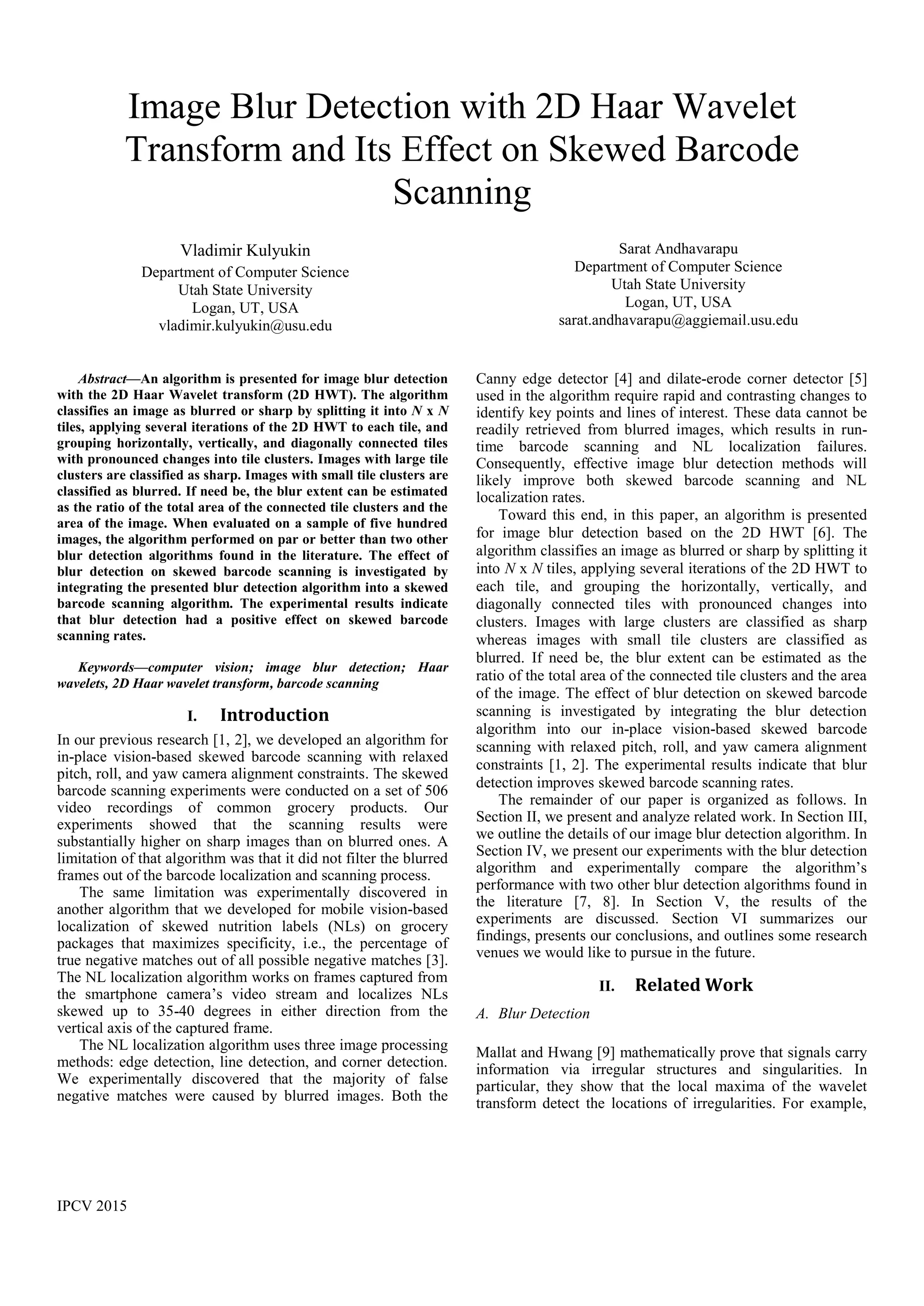 Image Blur Detection with 2D Haar Wavelet Transform and Its Effect on Skewed Barcode Scanning ...