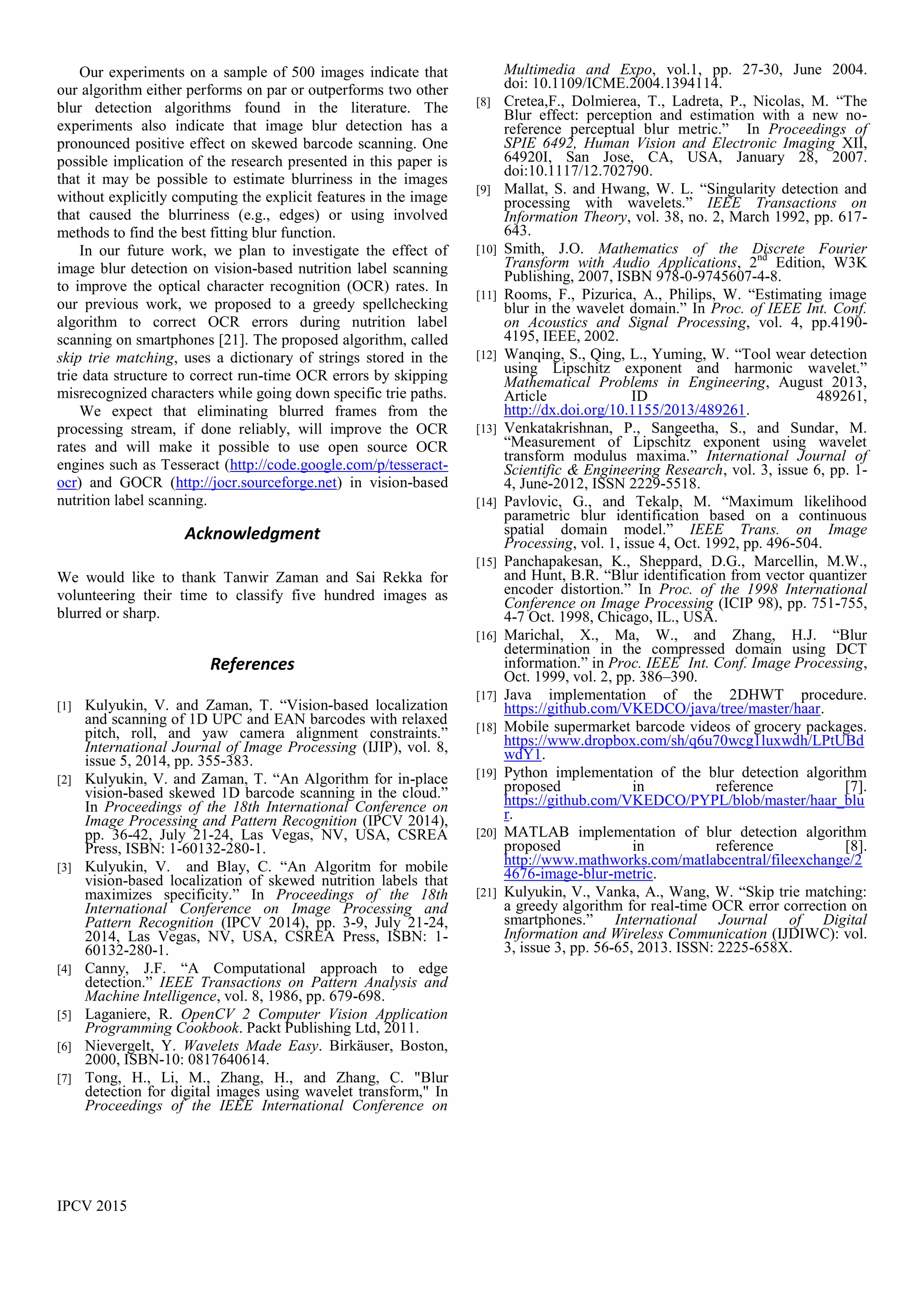 Image Blur Detection With 2d Haar Wavelet Transform And Its Effect On Skewed Barcode Scanning