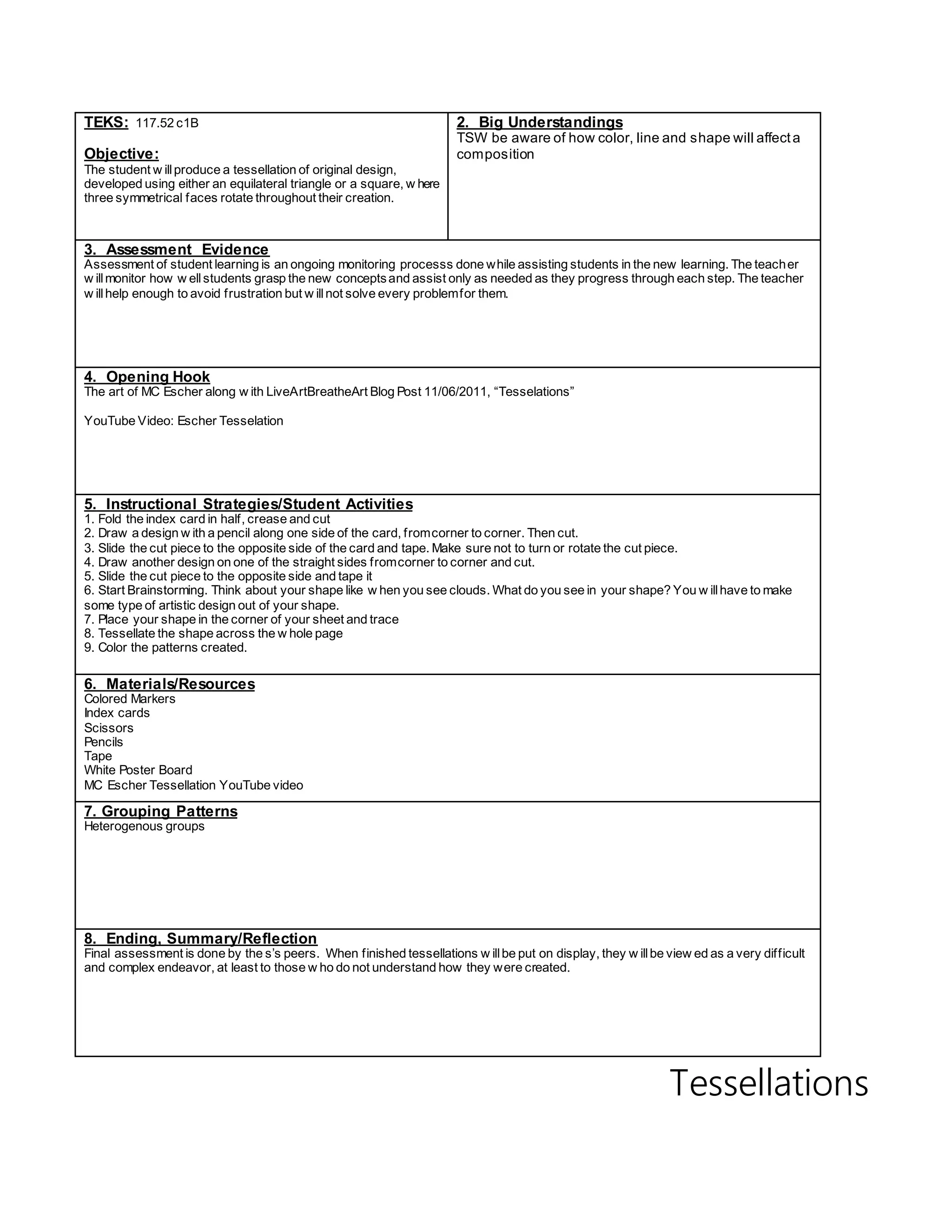 Tessellation Lesson Plan | DOC