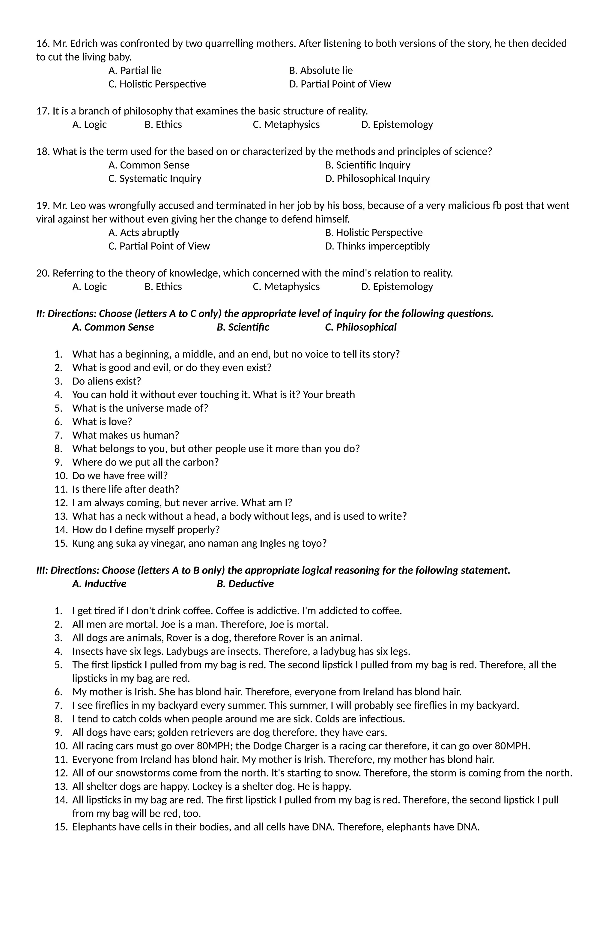 Introduction to Philosophy Quiz 1 Grade 11 | DOCX