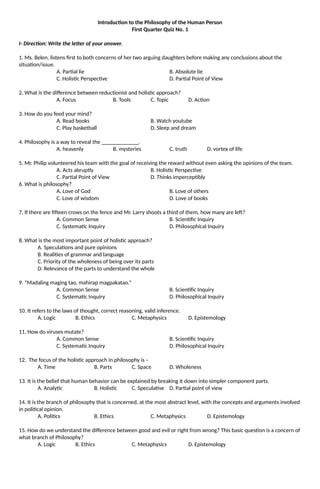 Introduction to Philosophy Quiz 1 Grade 11 | DOCX