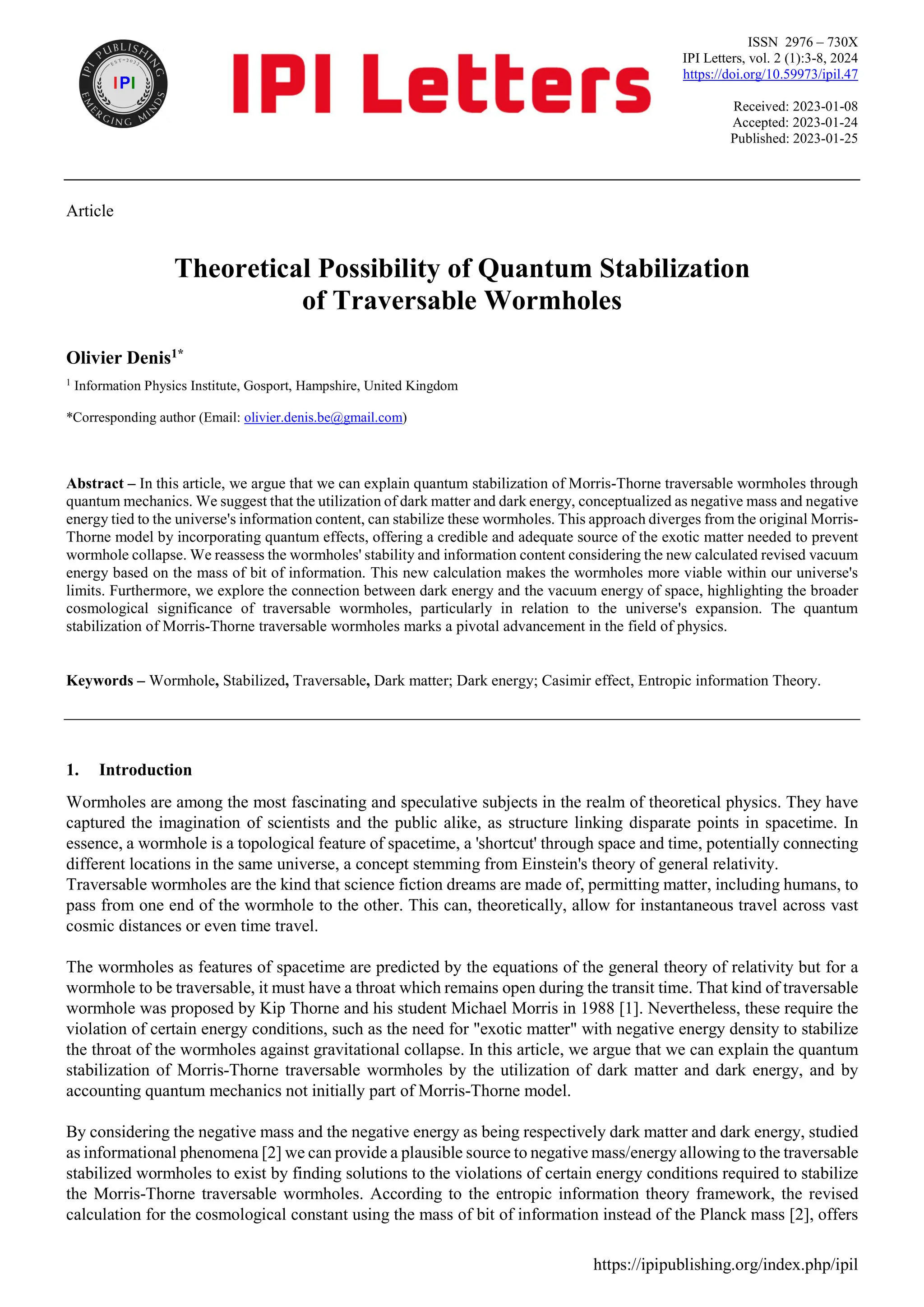 Theoretical Possibility of Quantum Stabilization of Traversable ...