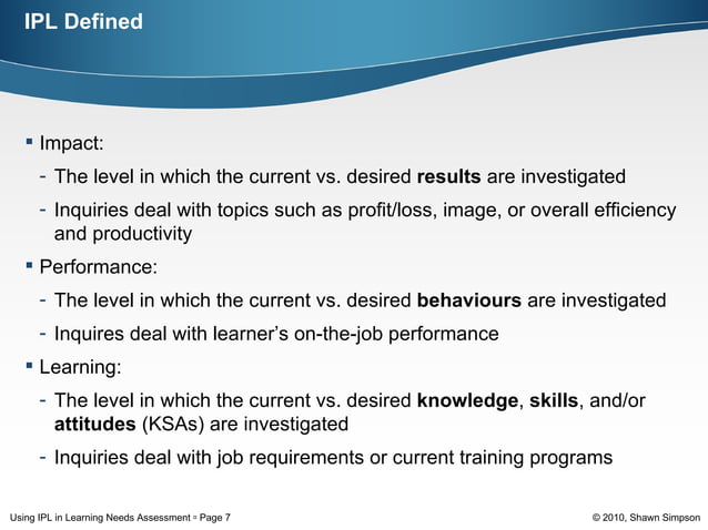 Using IPL in Learning Needs Assessment | PPT | Education