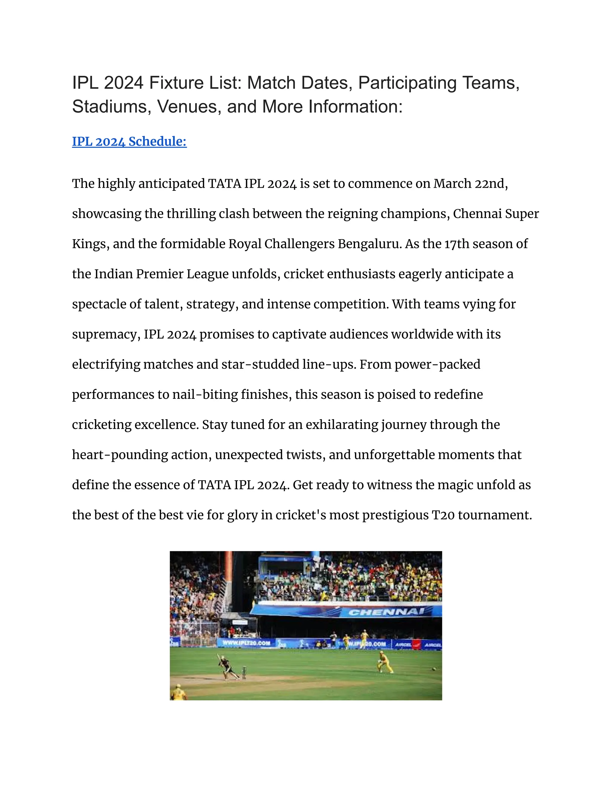 IPL 2024 Fixture List Match Dates, Participating Teams, Stadiums ...