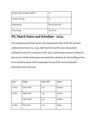 IPL 2024 Fixture List Match Dates, Participating Teams, Stadiums ...