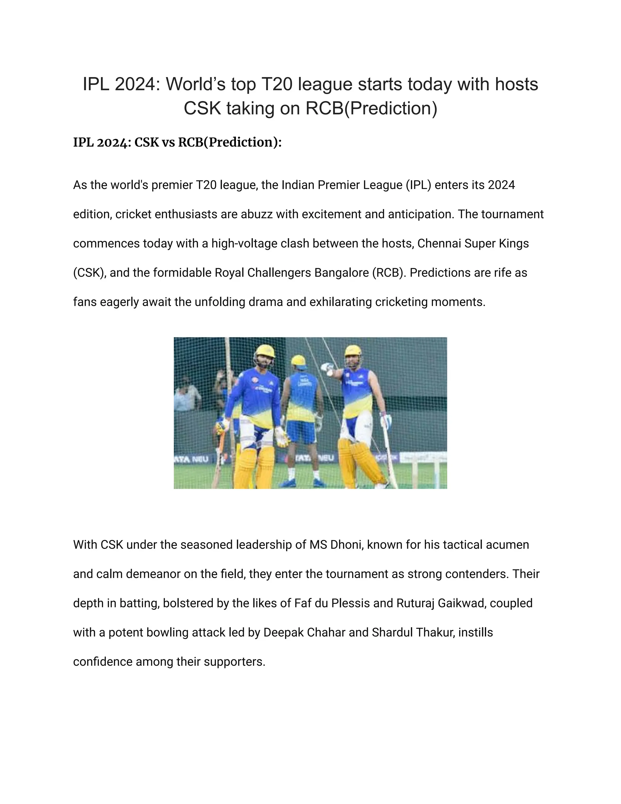 IPL 2024 World’s top T20 league starts today with hosts CSK taking on RCB(Prediction).pdf