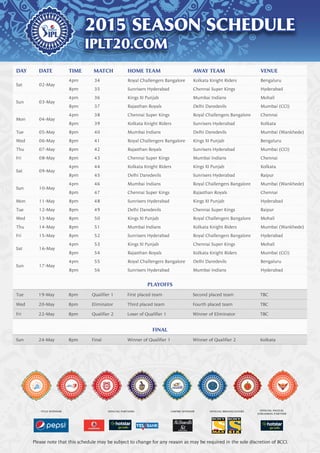 Ipl8 schedule-2015 | PDF