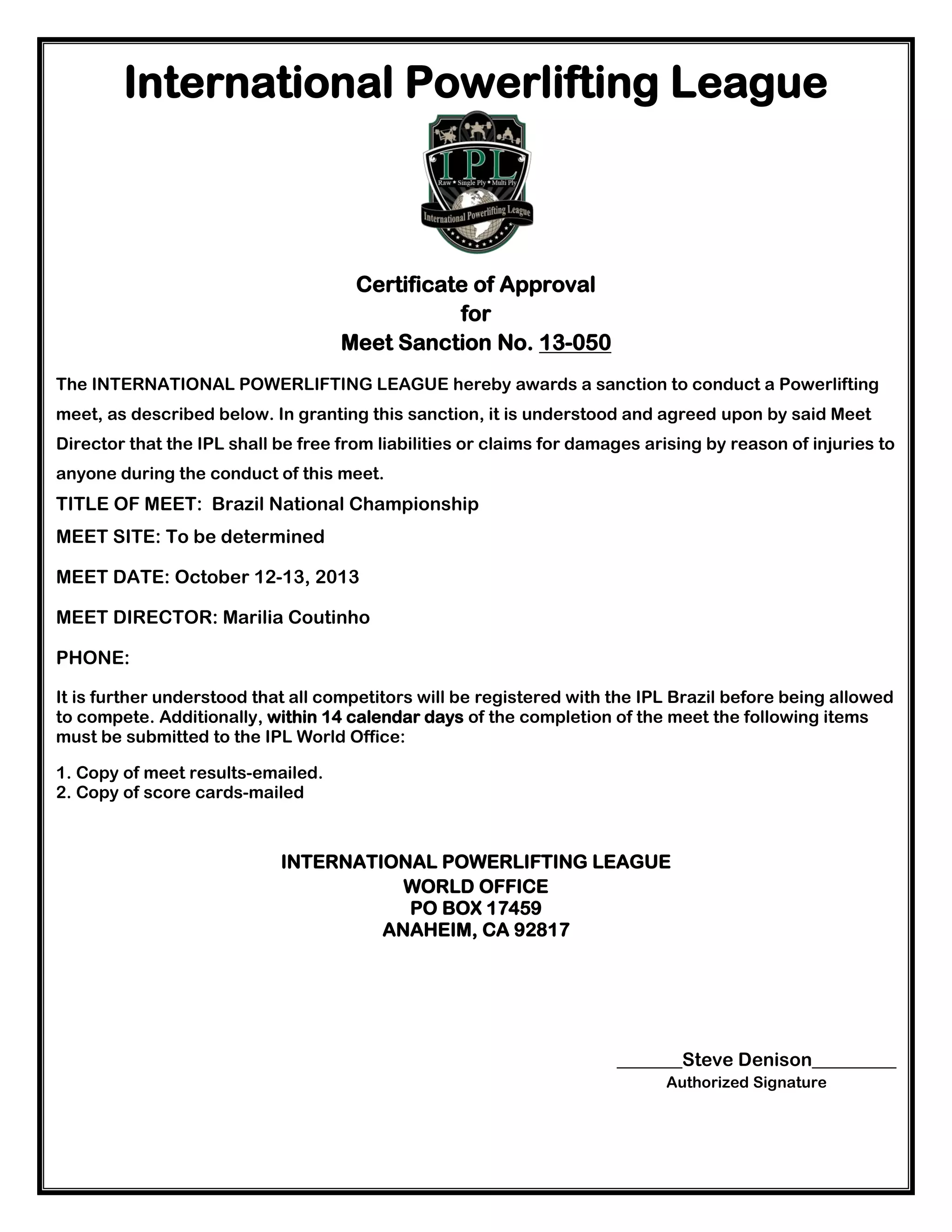 IPL sanction certificate for the Brazilian National Championship | PDF