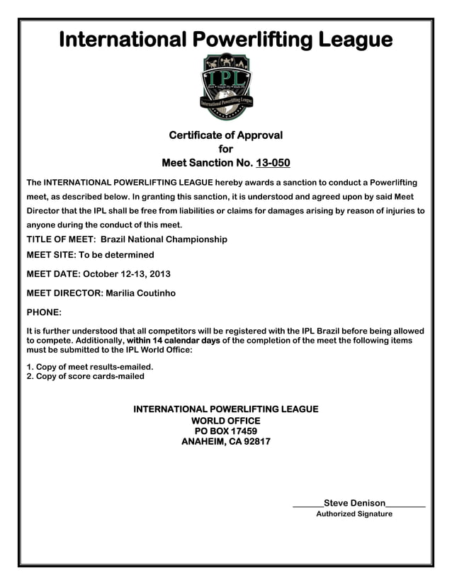 IPL sanction certificate for the Brazilian National Championship | PDF