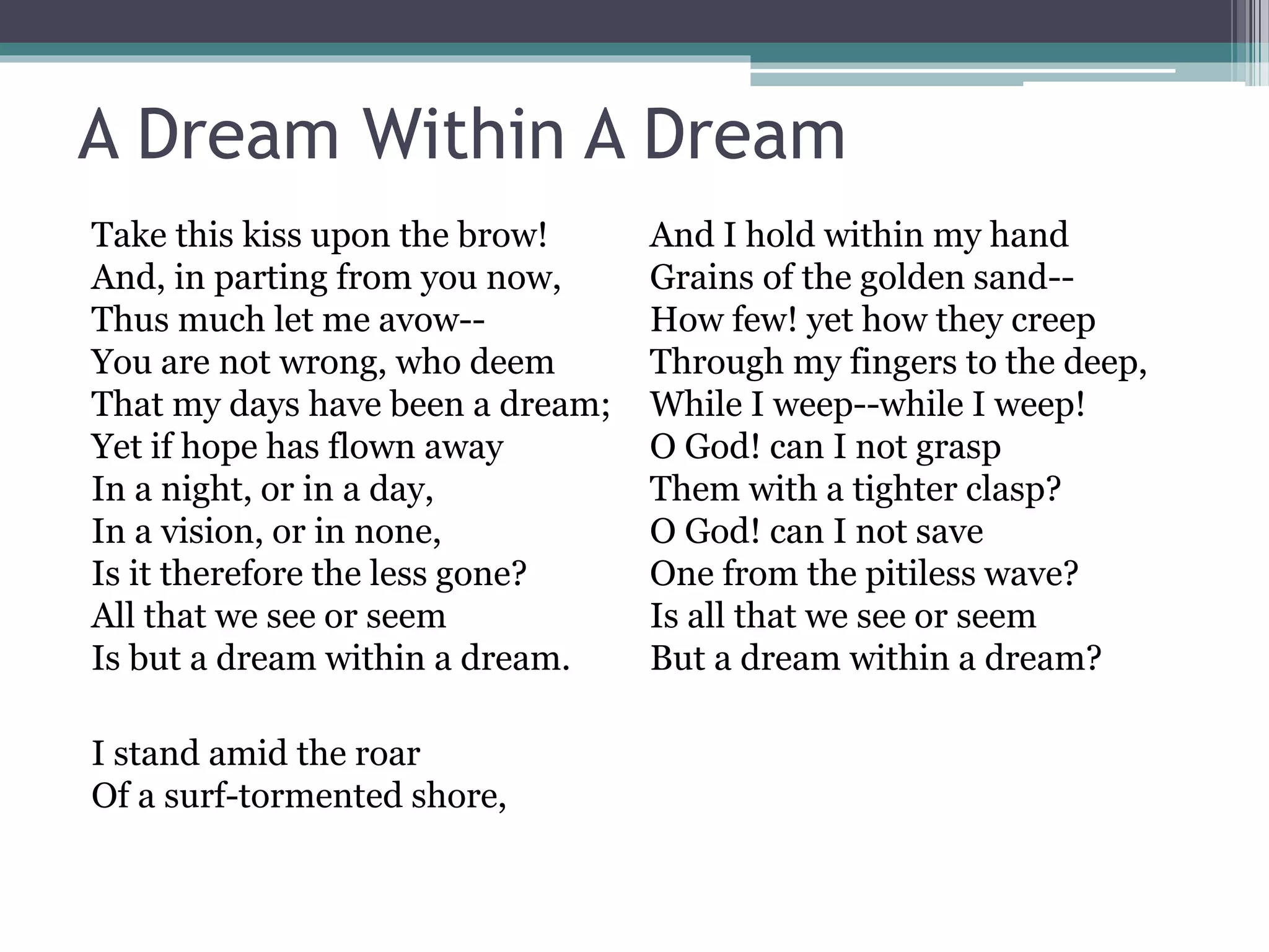 Intrinsic Elements Analysis: Diction and Musical Devices in "A Dream ...