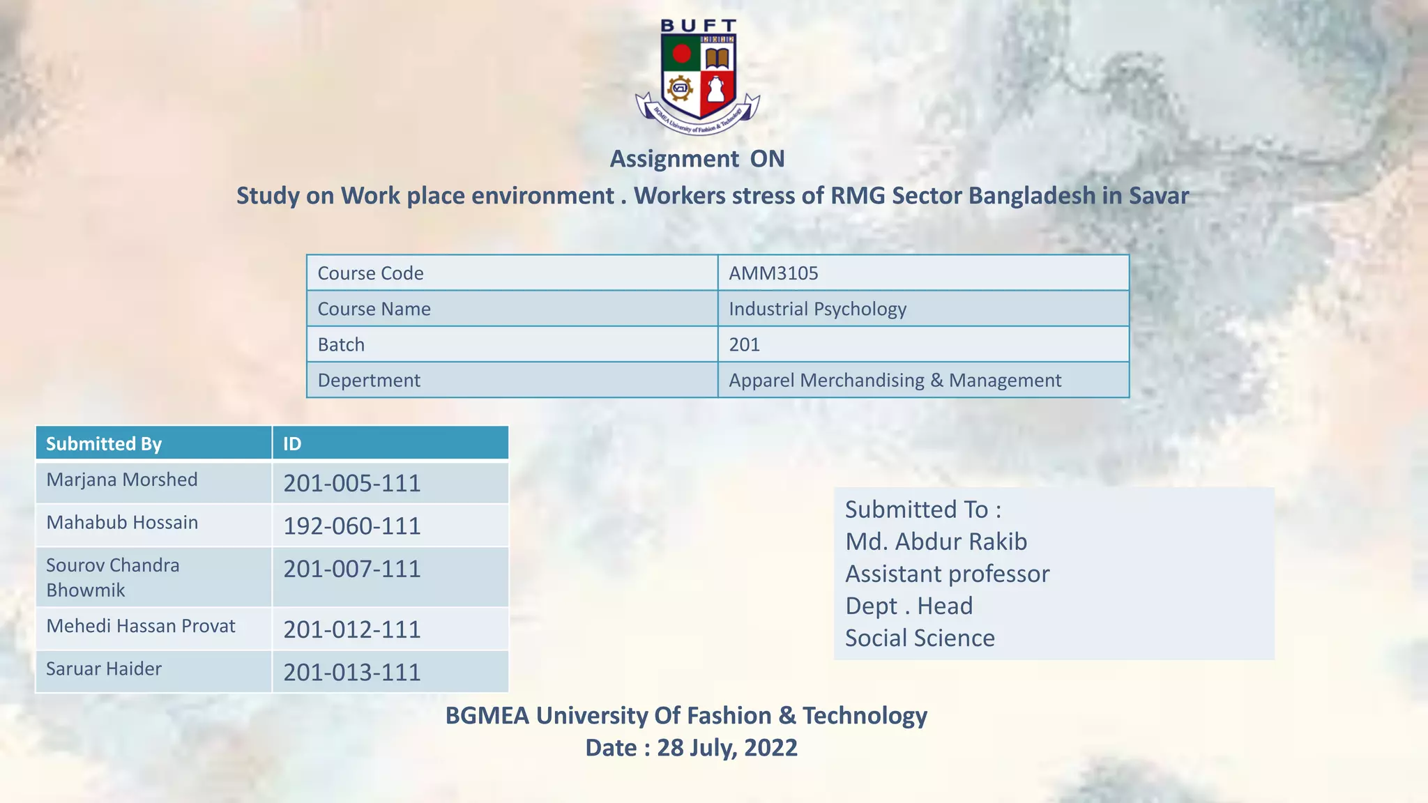Study on Work place environment . Workers stress of RMG Sector Bangladesh in Savar | PPT