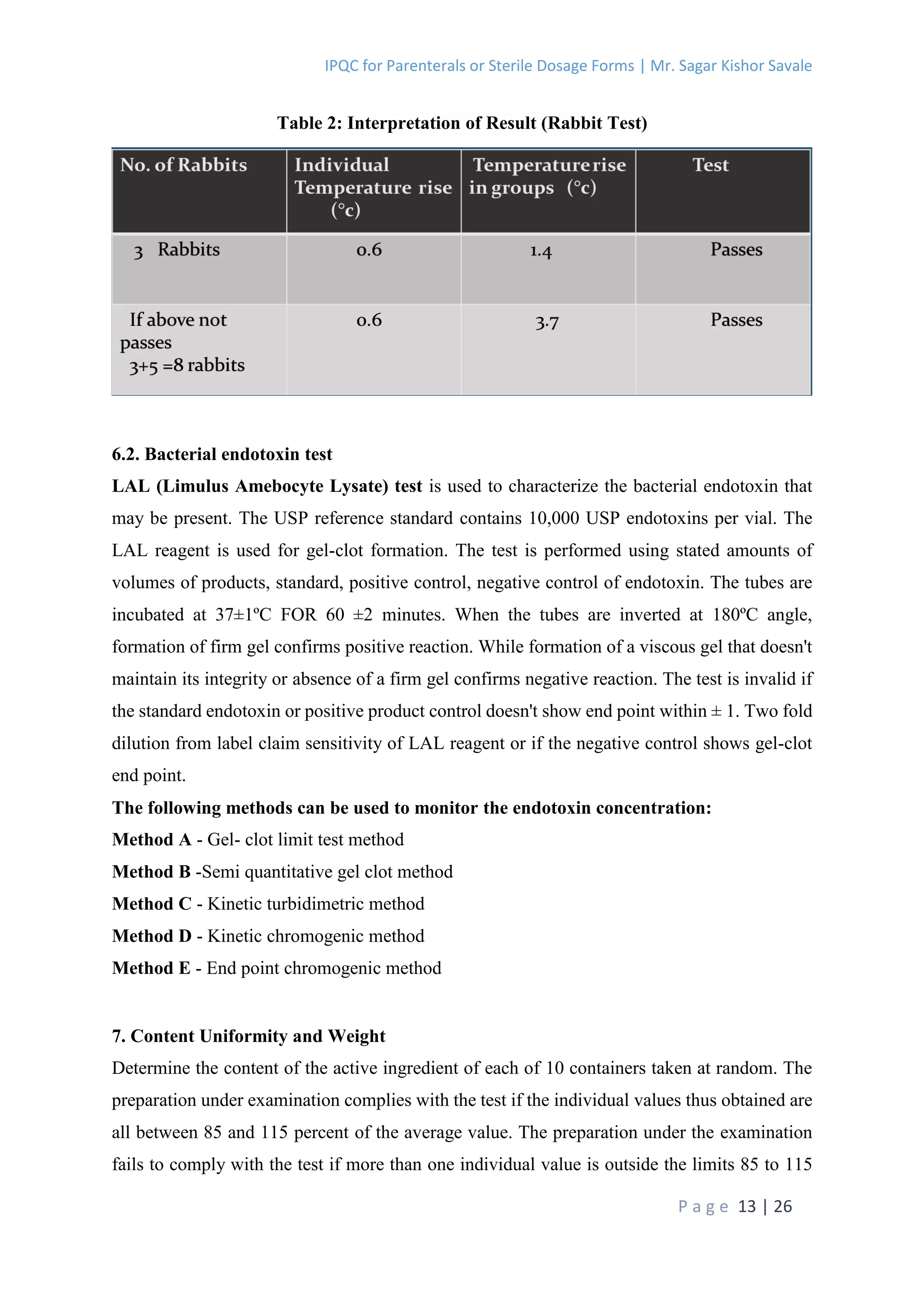 In Process Quality Control Tests (IPQC) For Parenteral or Sterile ...