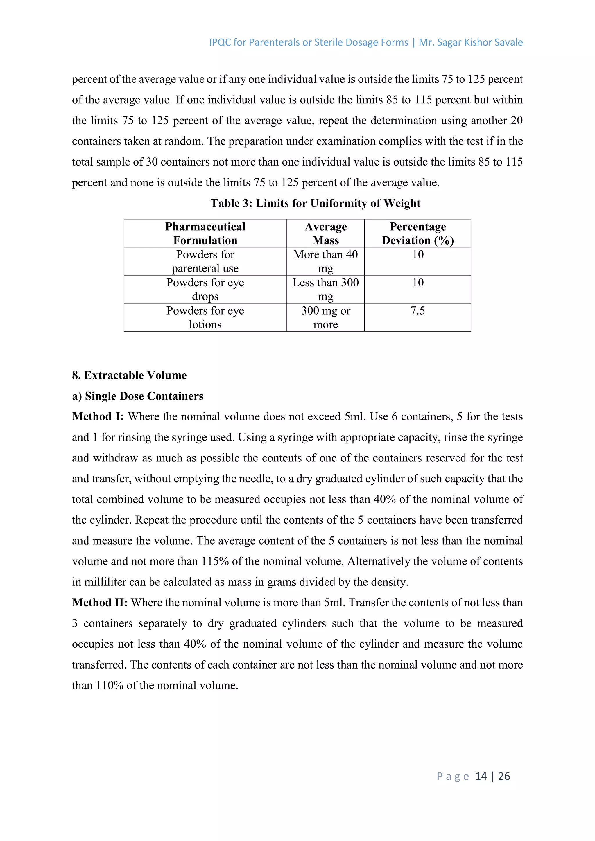 In Process Quality Control Tests (IPQC) For Parenteral or Sterile ...