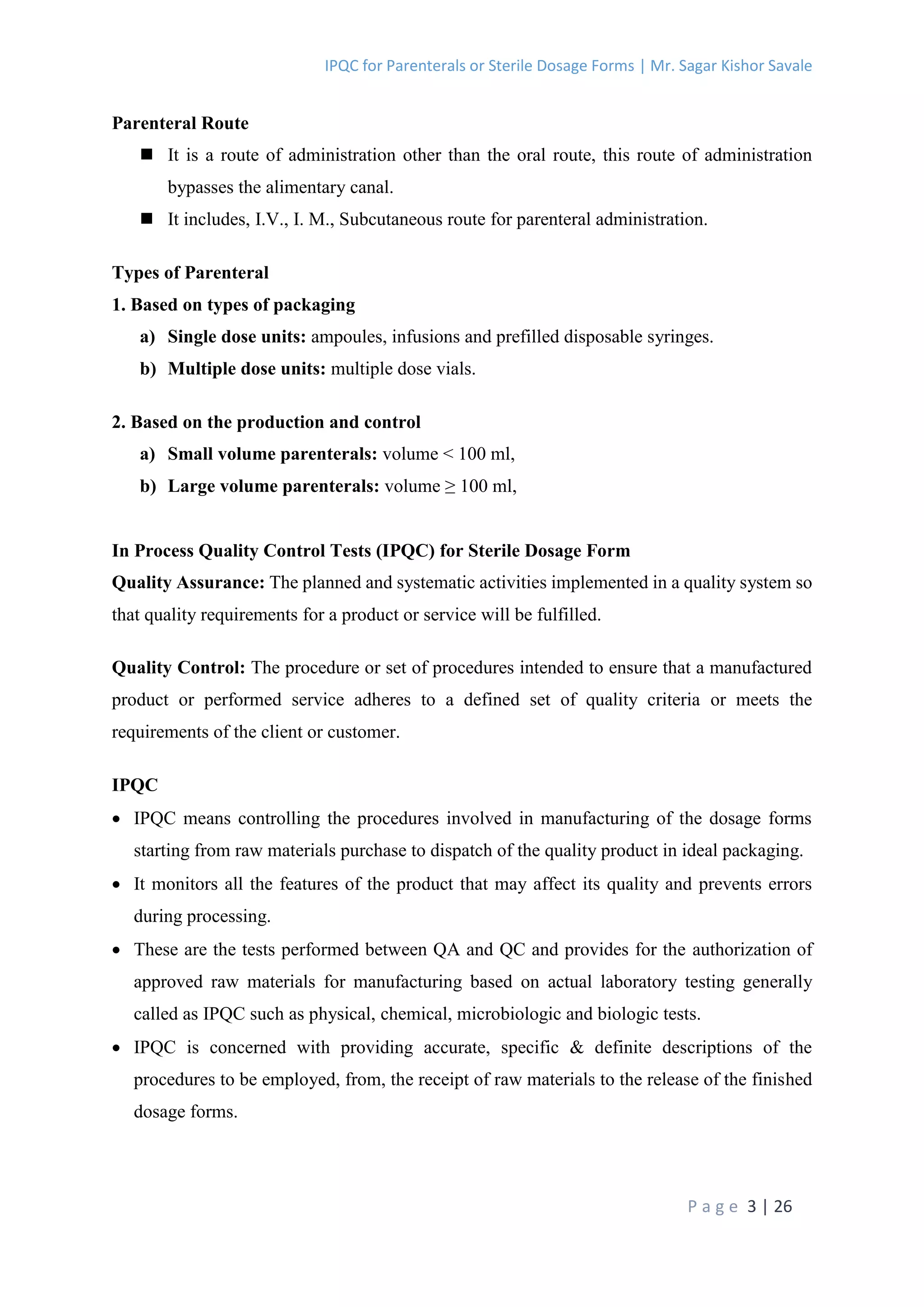 In Process Quality Control Tests (IPQC) For Parenteral or Sterile ...