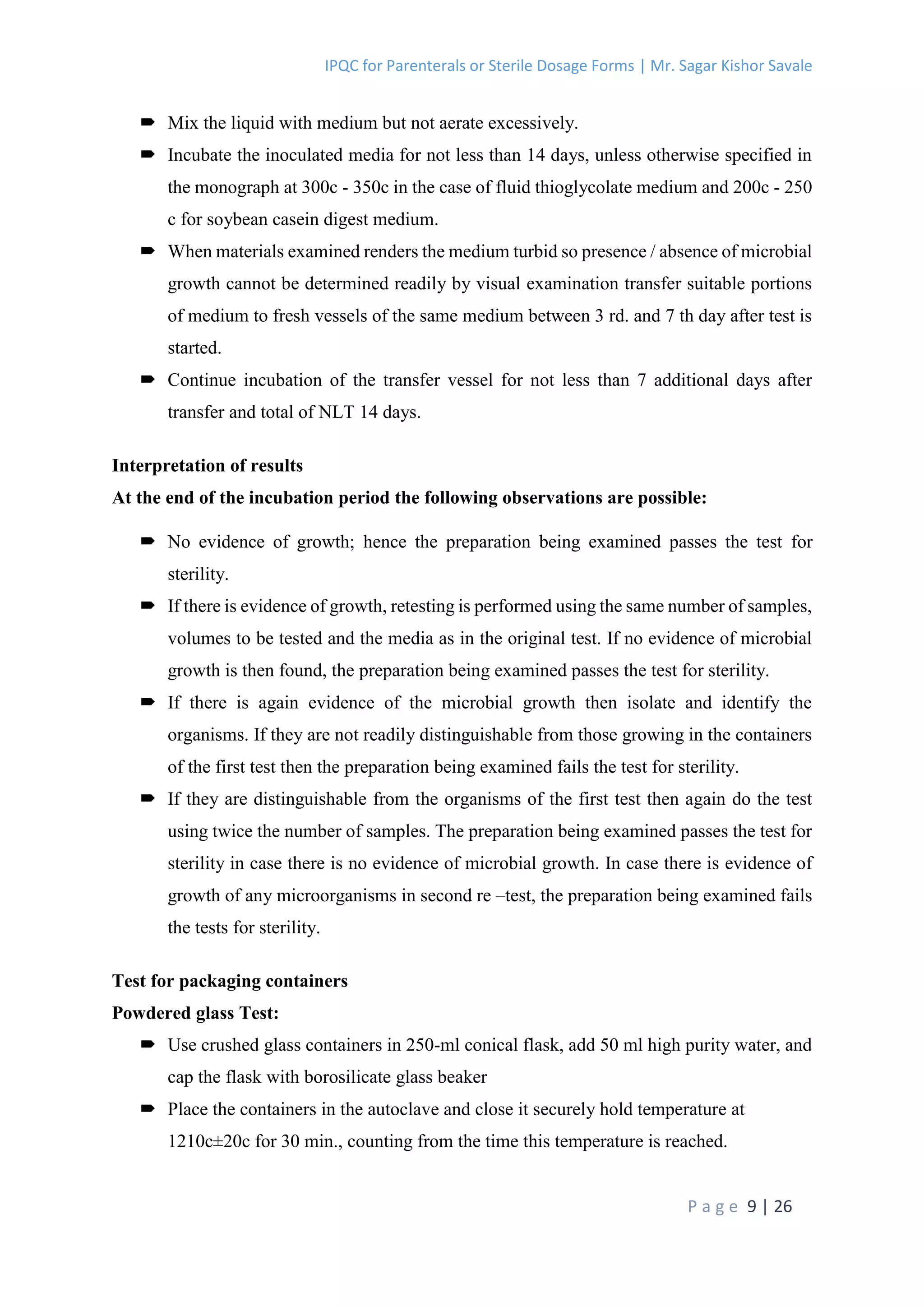In Process Quality Control Tests (IPQC) For Parenteral or Sterile ...