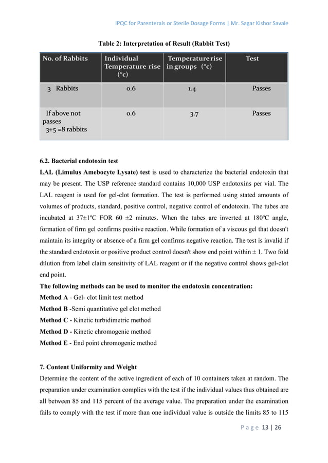 In Process Quality Control Tests (IPQC) For Parenteral or Sterile ...