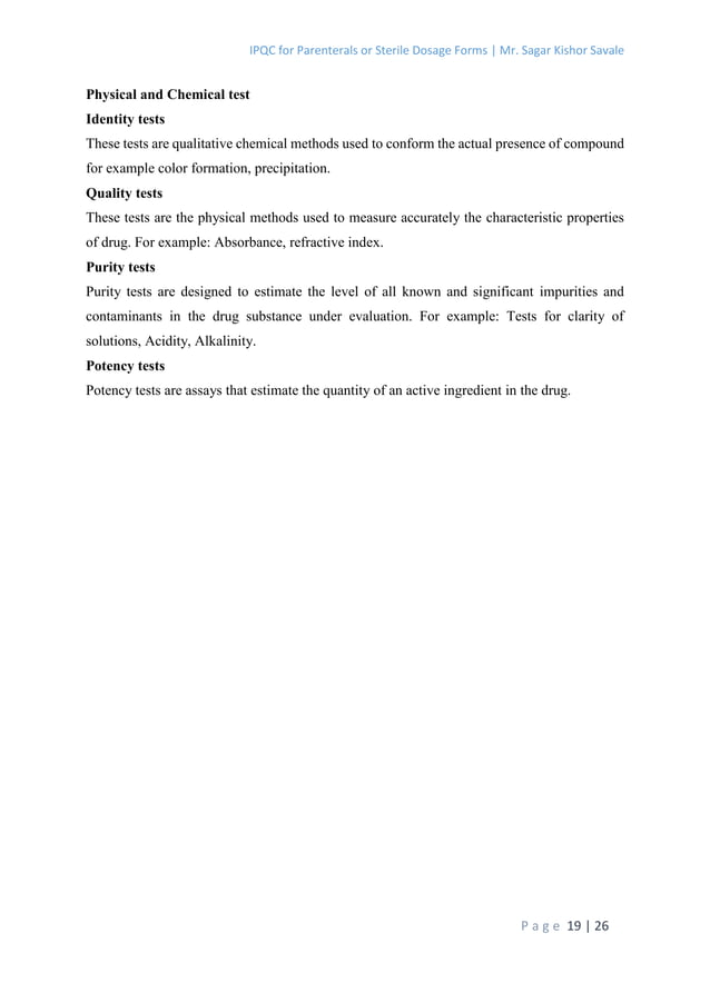 In Process Quality Control Tests (IPQC) For Parenteral or Sterile ...