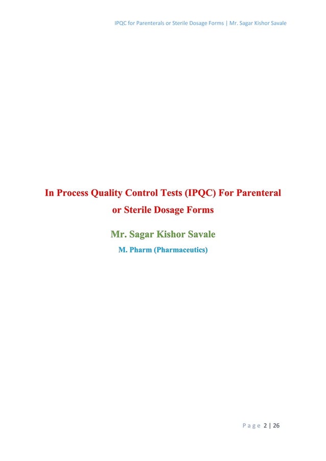 In Process Quality Control Tests (IPQC) For Parenteral or Sterile ...