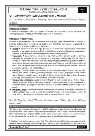 IPR & Cyber Laws (October - 2016) [CBSGS - Paper Solution] | PDF