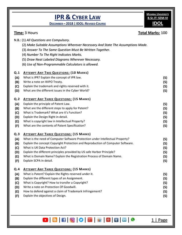 IPR & Cyber Law (December - 2018) [IDOL - Revised Course] | PDF