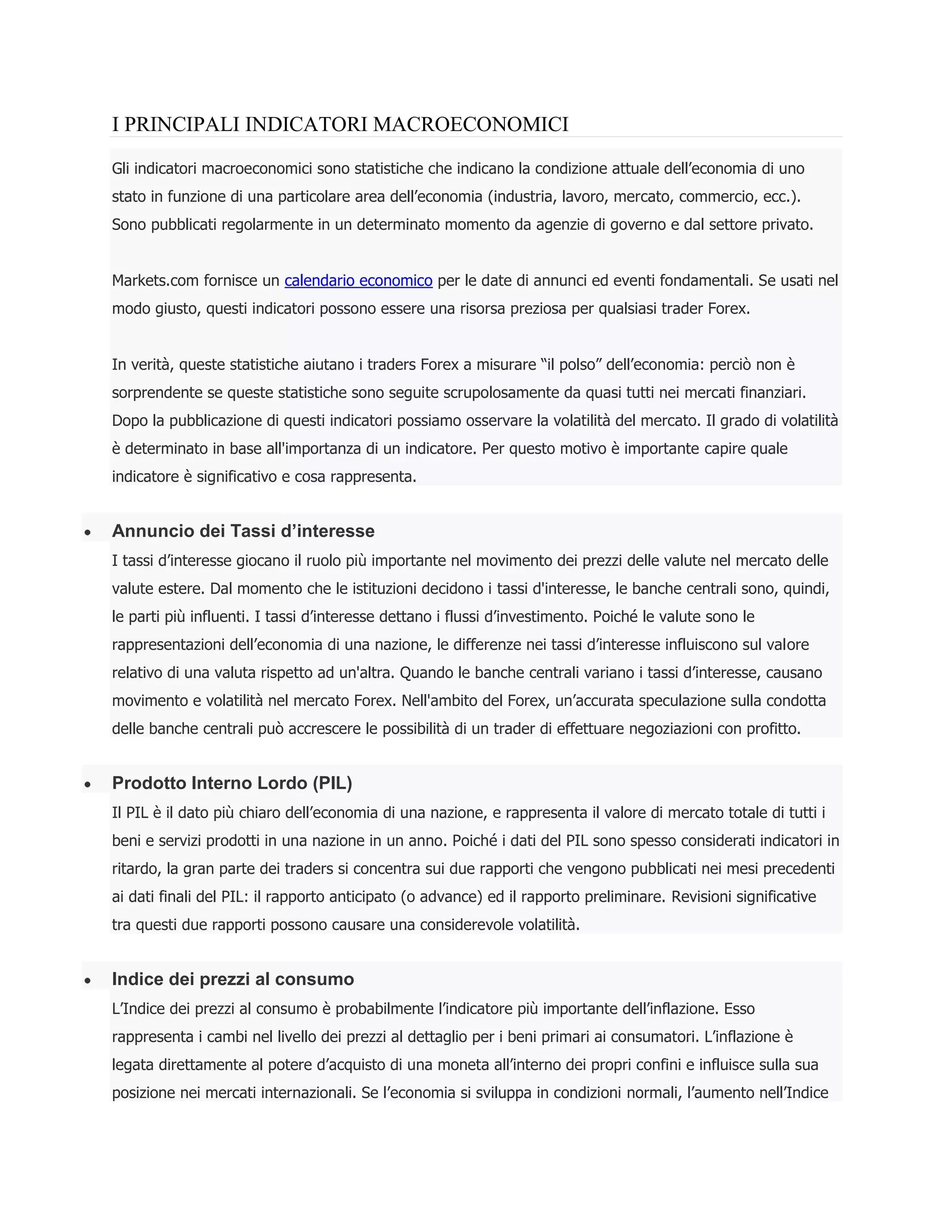 I principali indicatori macroeconomici | DOCX