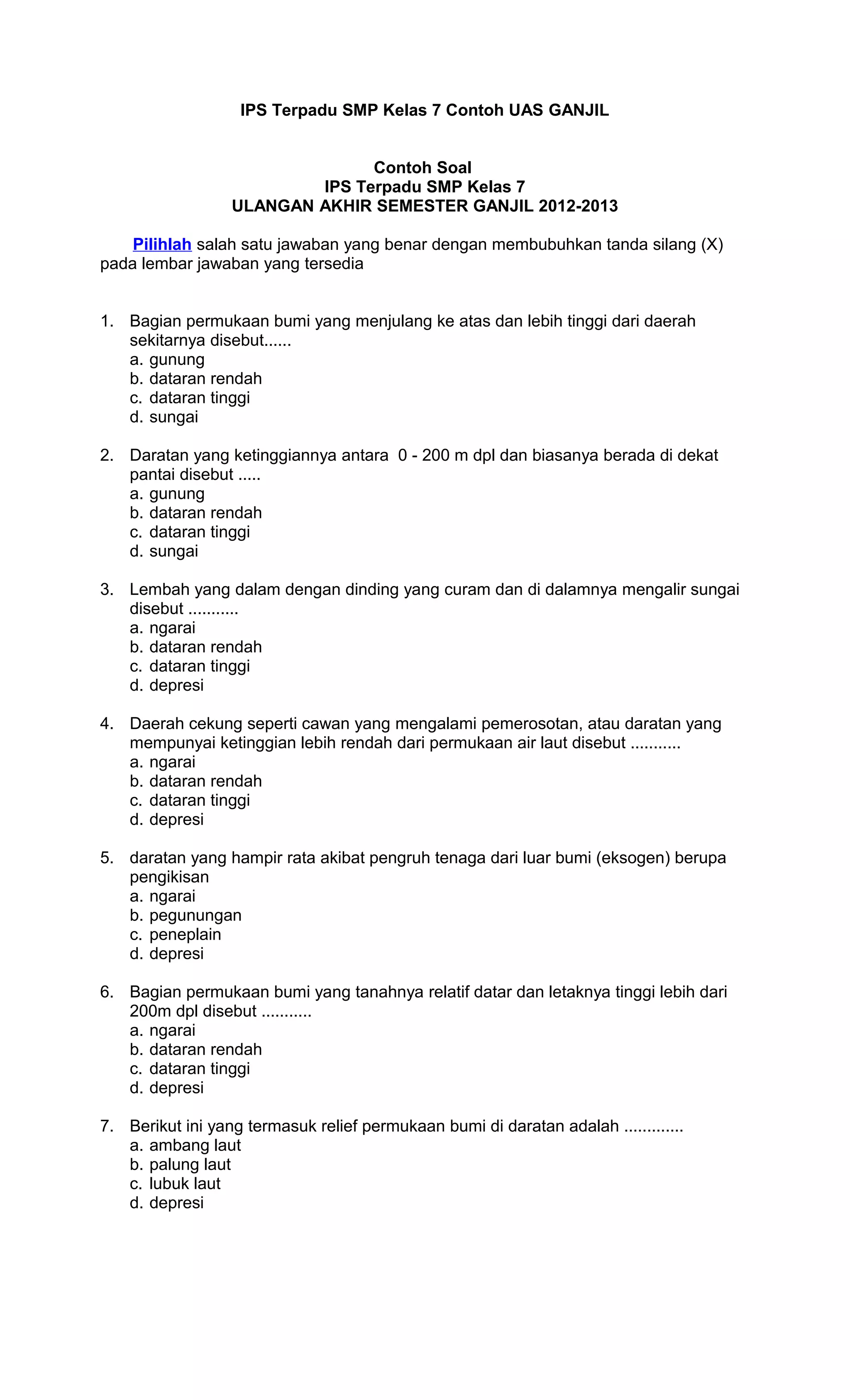 Ips terpadu smp kelas 7 contoh uas ganjil LENGKAP | PDF