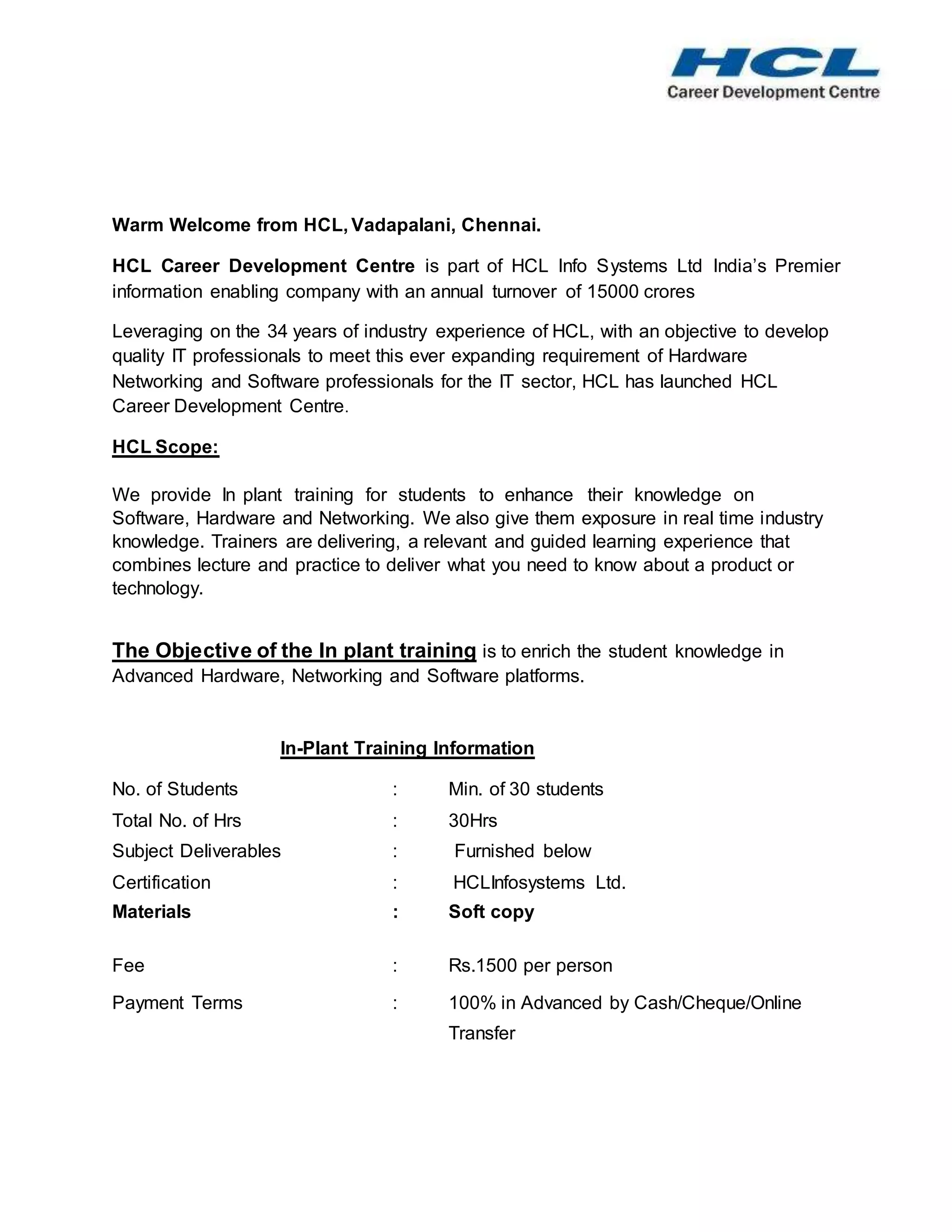 In Plant Training at HCL | PDF