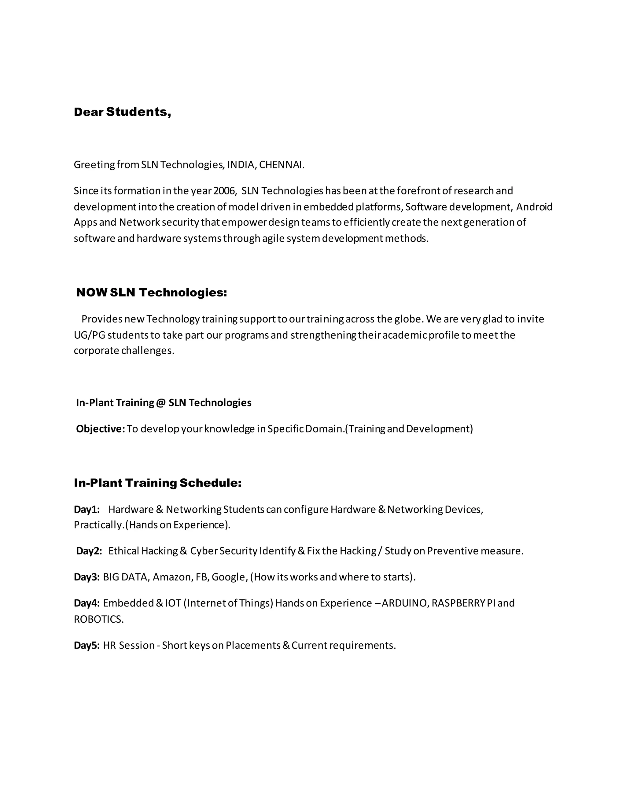 Inplant training for Engineering students in chennai@sln tech | DOCX