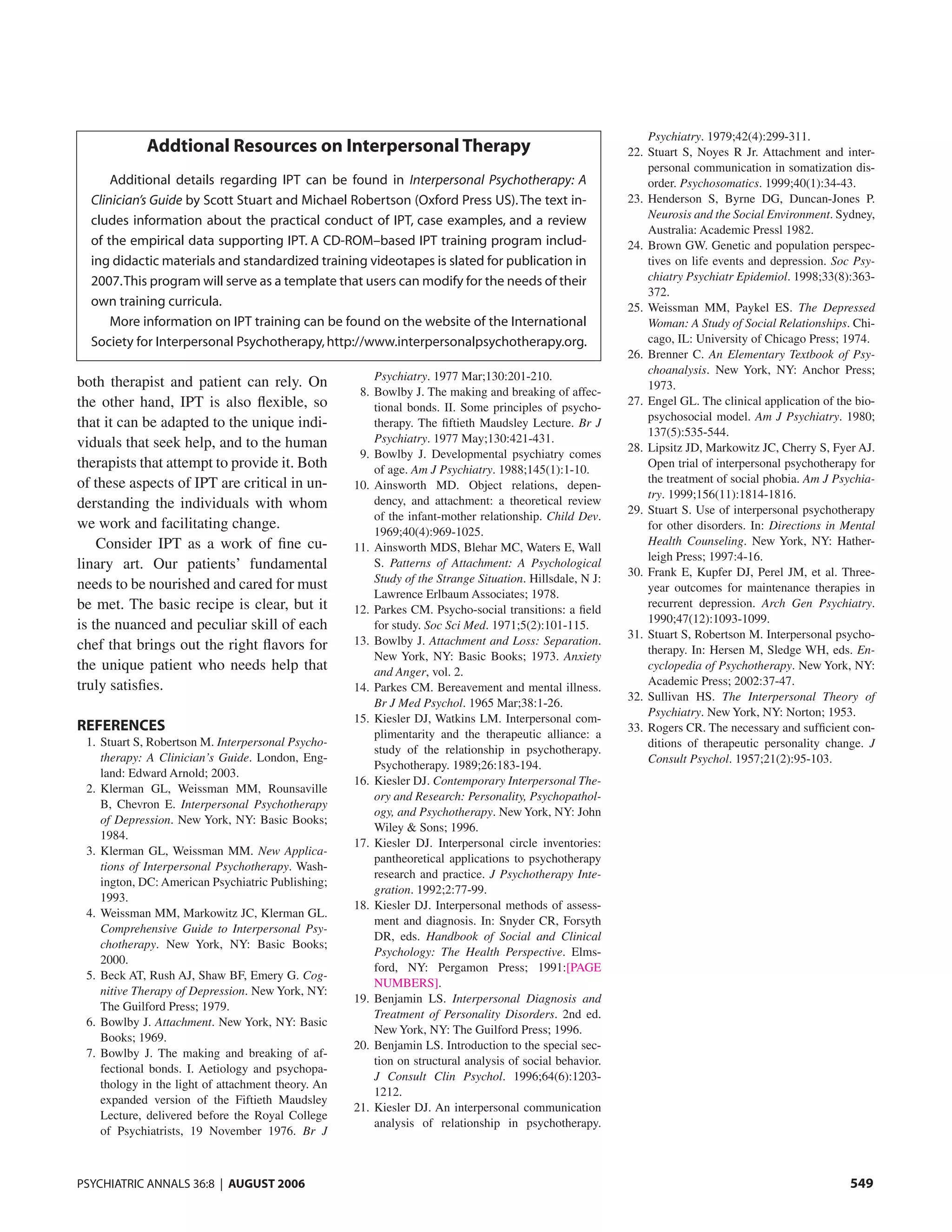 Interpersonal Psychotherapy. A Guide To The Basics. (Stuart, 2006) | PDF
