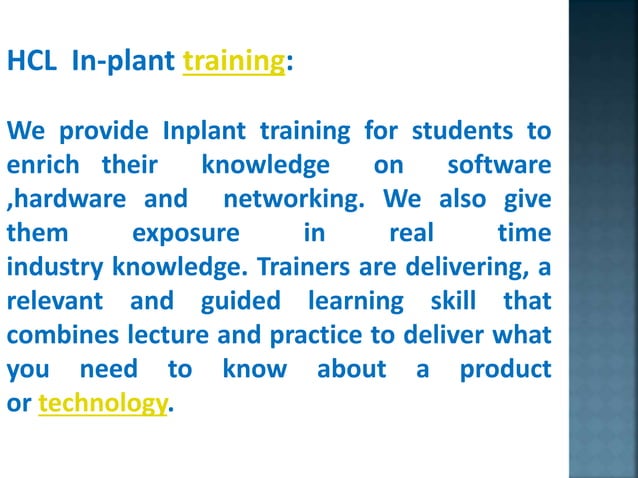 INPLANT TRAINING at HCL Velachery | PPTX