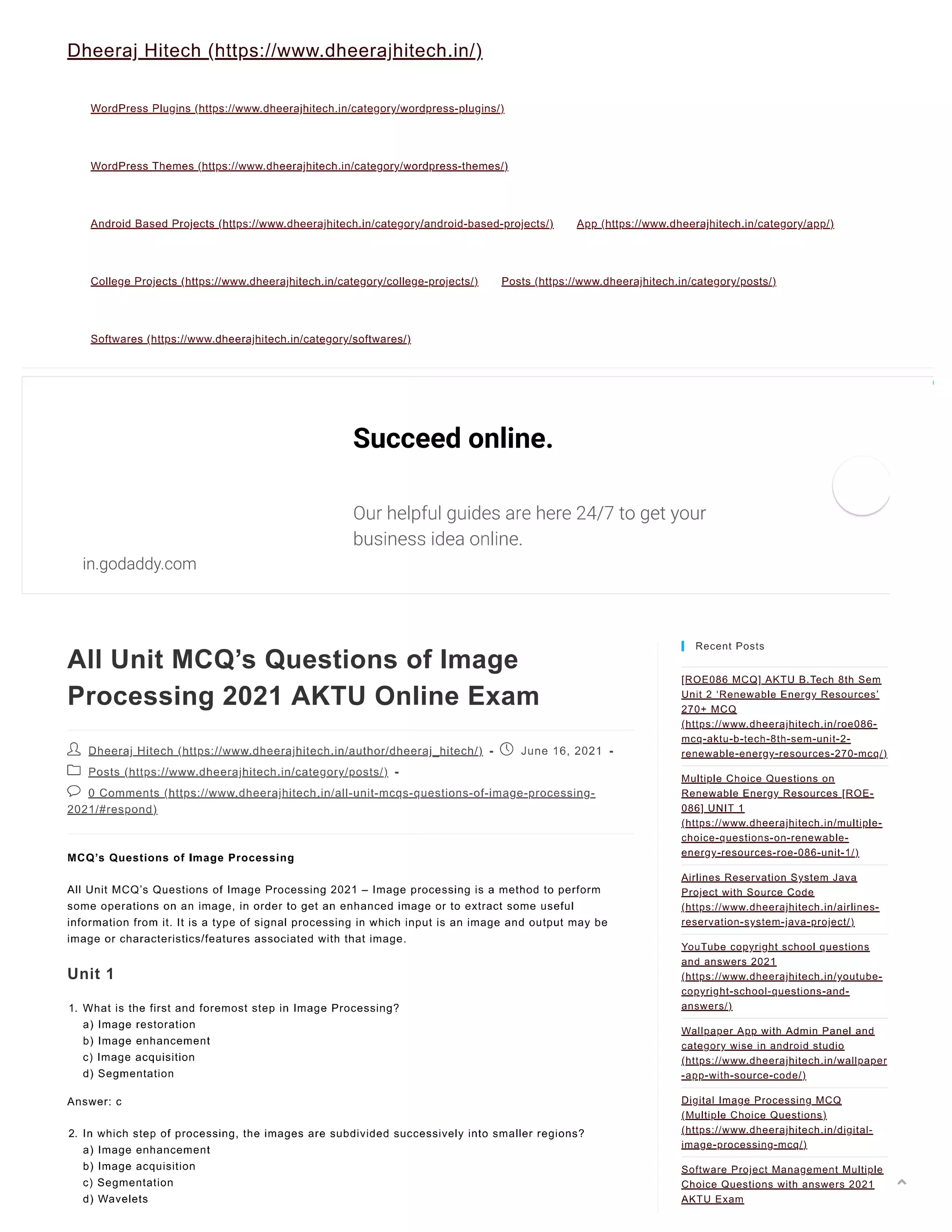 image processing MCQ AKTU final year Exam all units | PDF